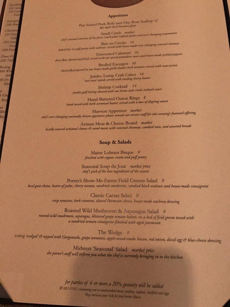 Menu at Porter's Steakhouse, Collinsville