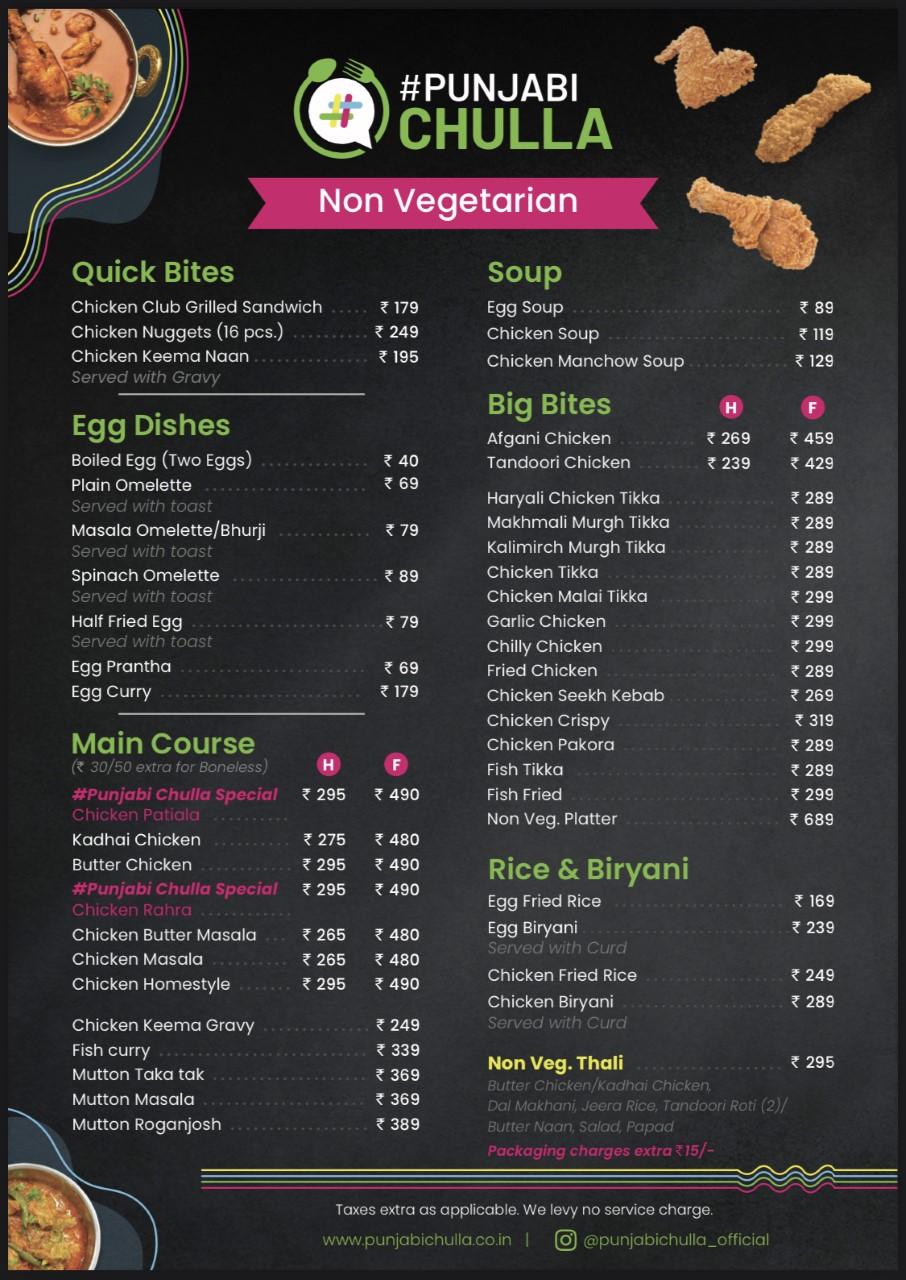 Menu at Punjabi Chulla Mohali, Sahibzada Ajit Singh Nagar