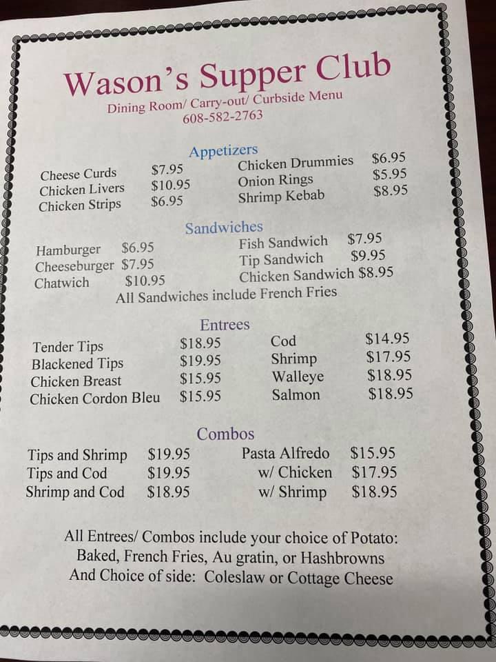 Menu at Wason's Supper Club, Galesville, WI-54