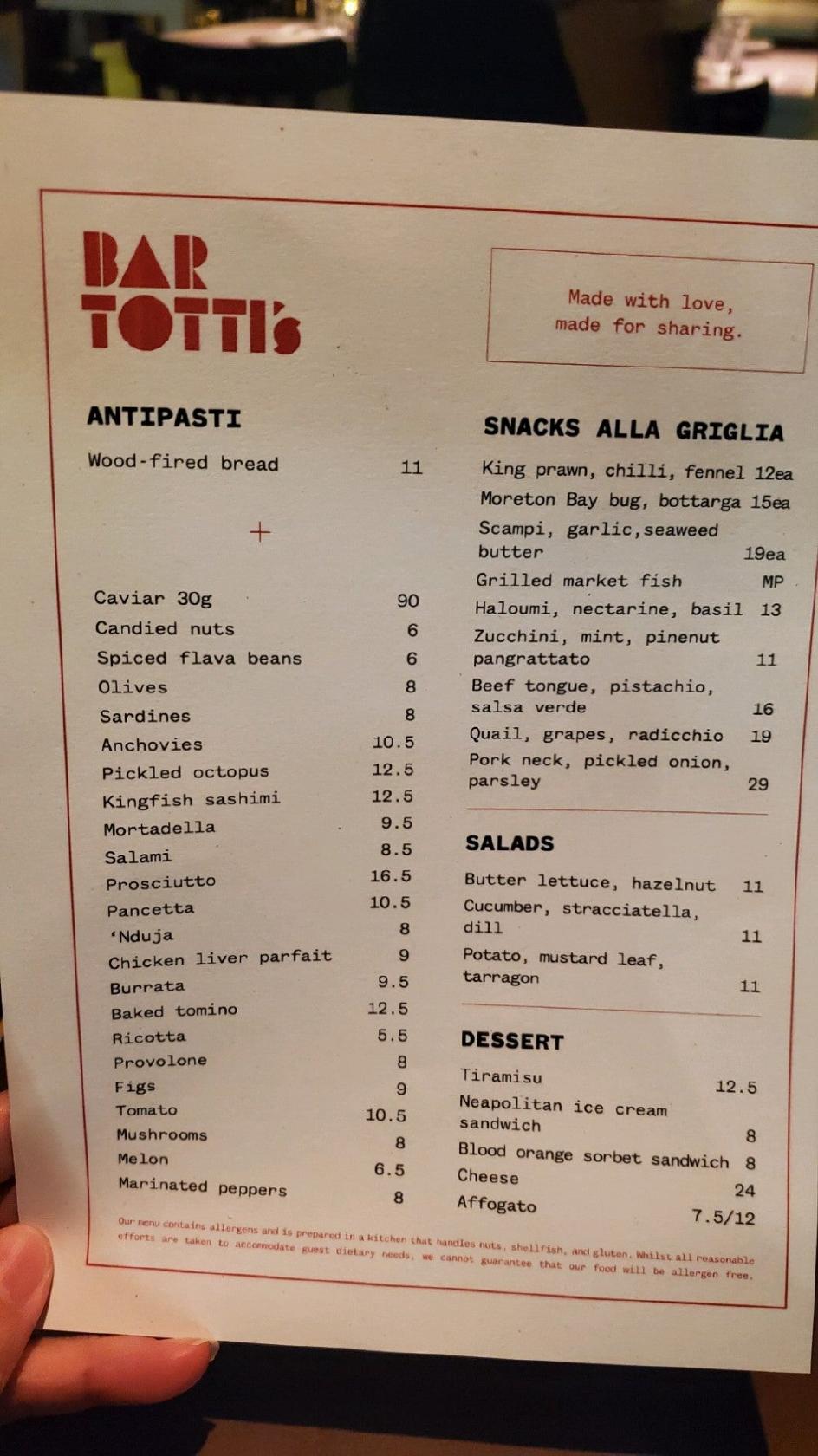 Menu at Bar Totti's, Sydney