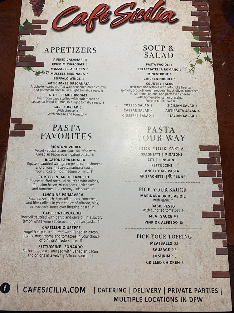 Menu at Cafe Sicilia Watauga, Keller