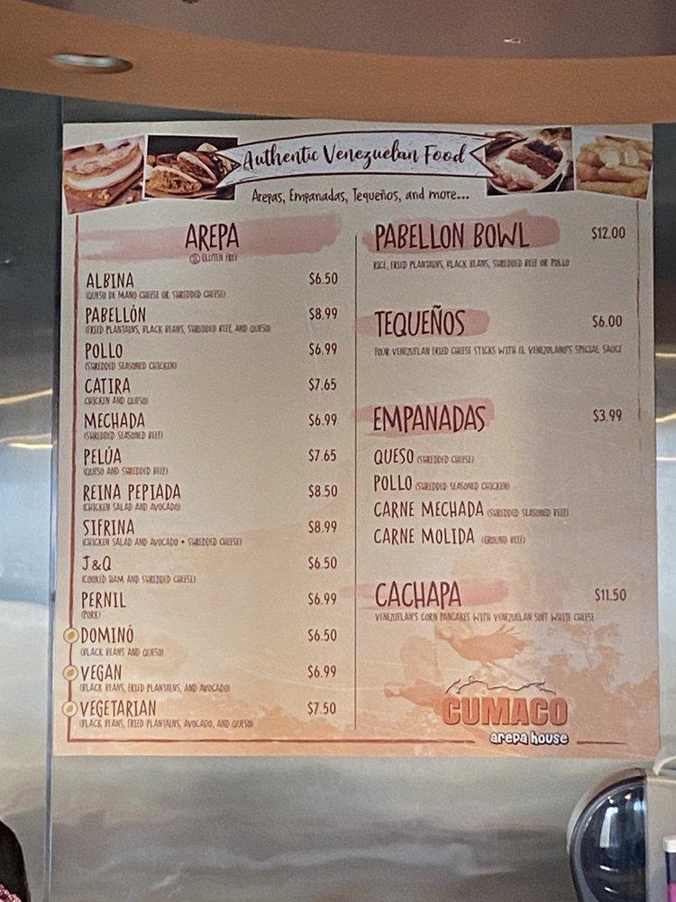 Menu at Cumaco Arepa House restaurant, Indianapolis