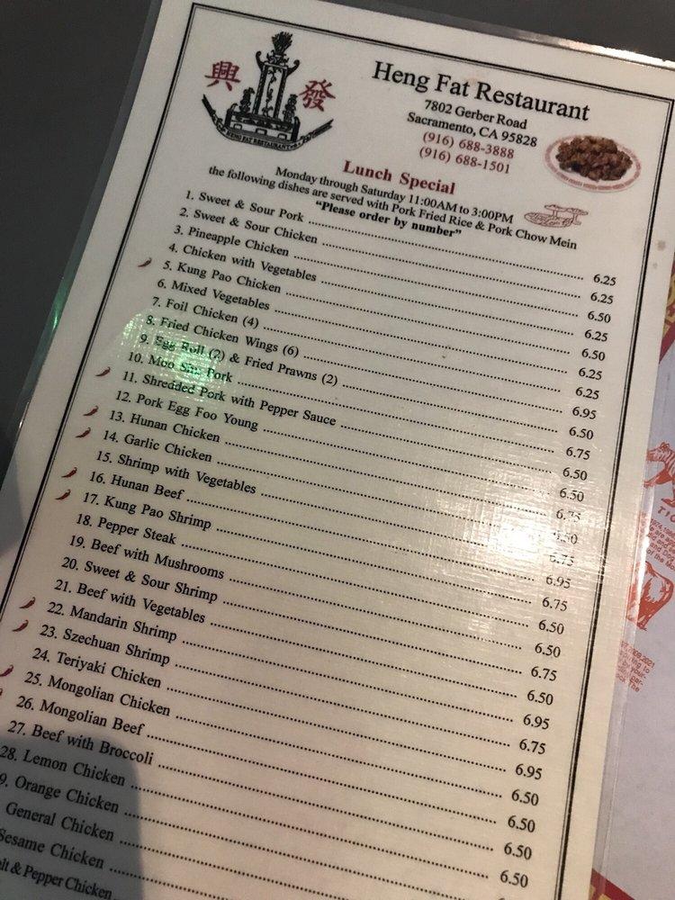 Menu at Heng Fat restaurant, Sacramento