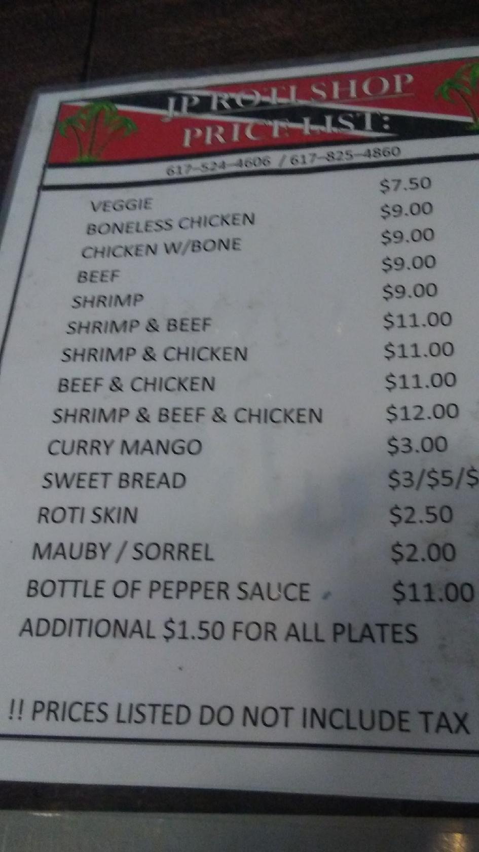 Carta del restaurante JP Roti Shop, Boston