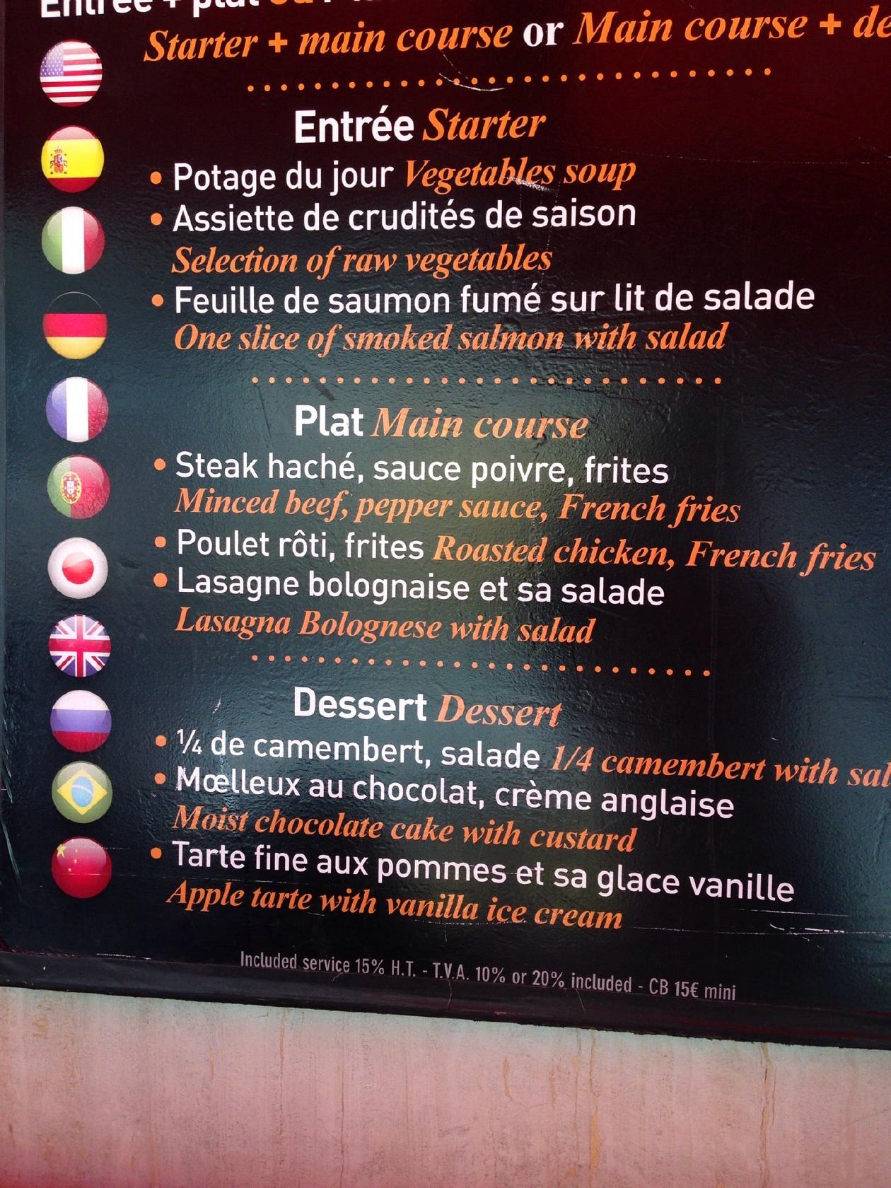 Menu at La Rotonde des Tuileries cafe, Paris