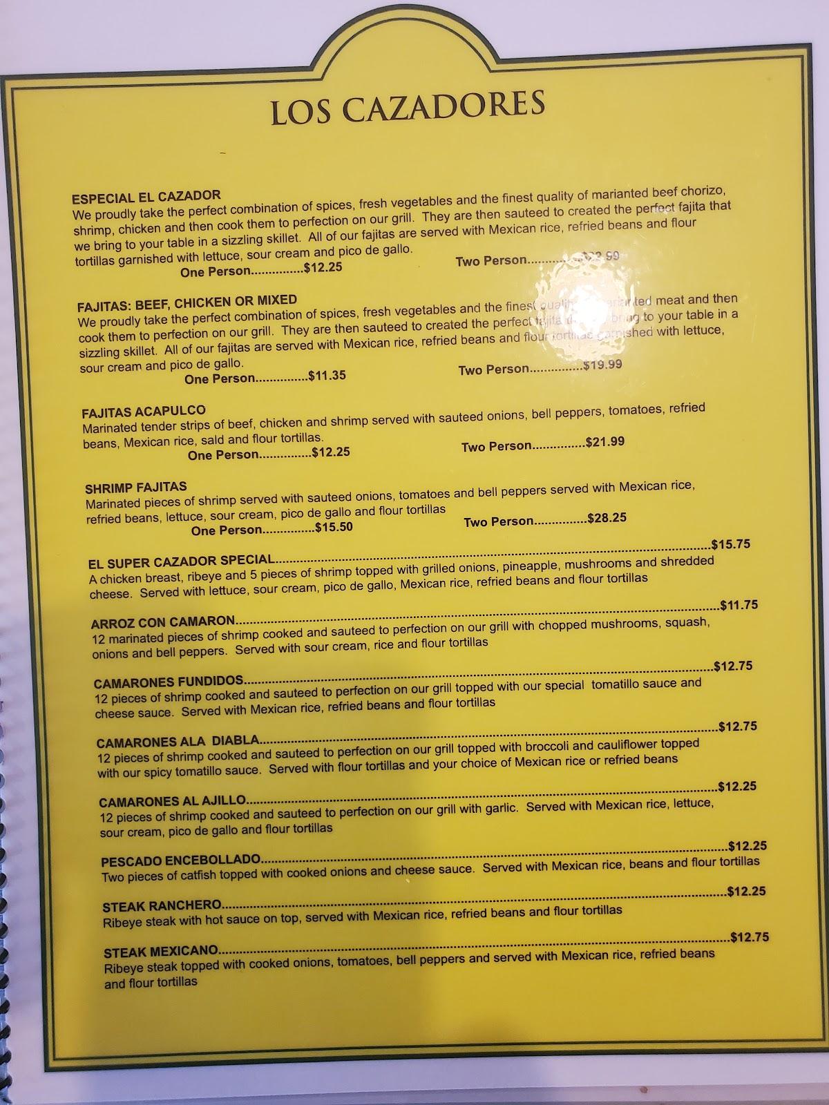 Menu at Los Cazadores restaurant, Mount Vernon