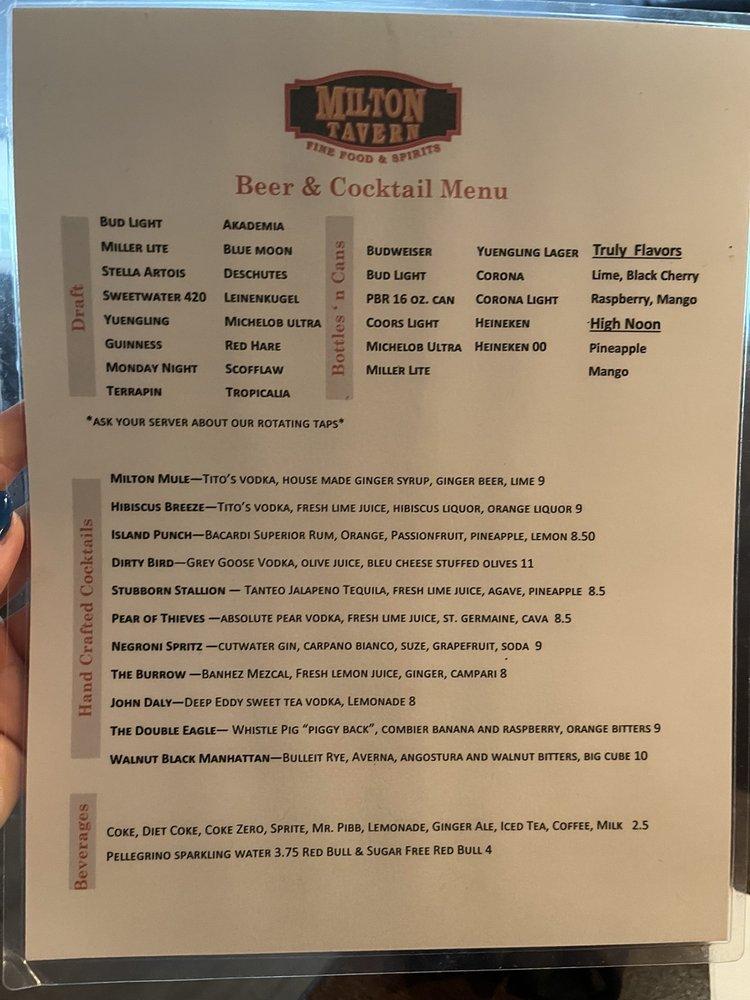 Menu at Milton Tavern restaurant, Alpharetta