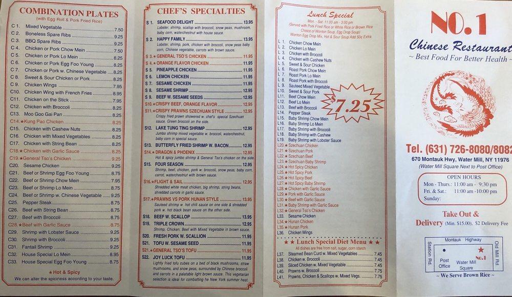 Menu at No 1 Chinese Restaurant, Water Mill