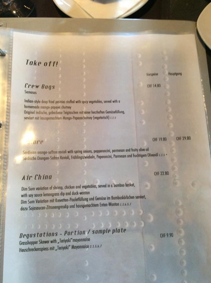 Speisekarte von Runway 34, Opfikon