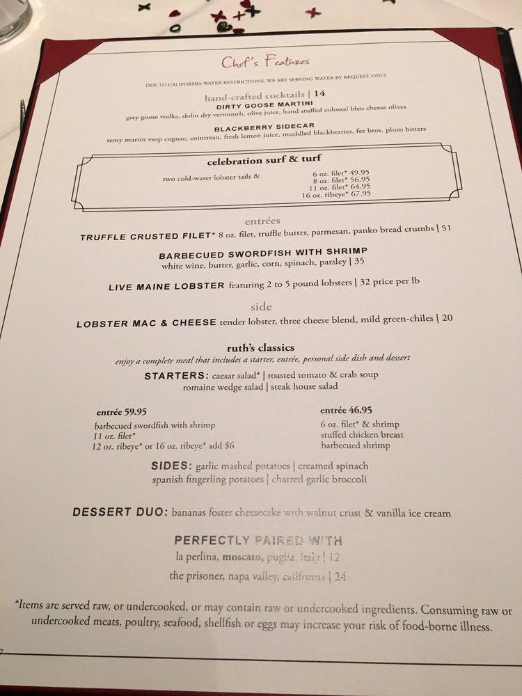 Menu at Ruth's Chris Steak House pub & bar, Irvine, Michelson Dr Suite A