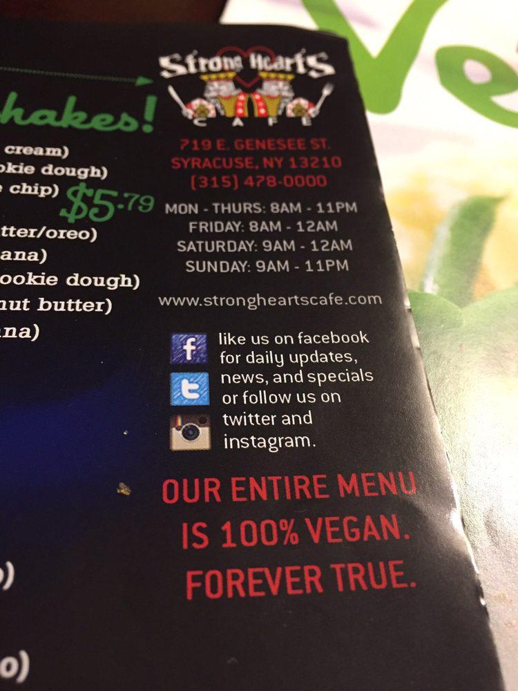 Menu at Strong Hearts cafe, Syracuse, 315 Irving Ave