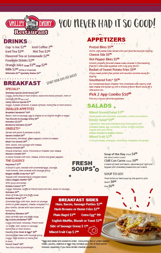 Menu at Valley Dairy Restaurant, Butler, 275 Butler Cmns