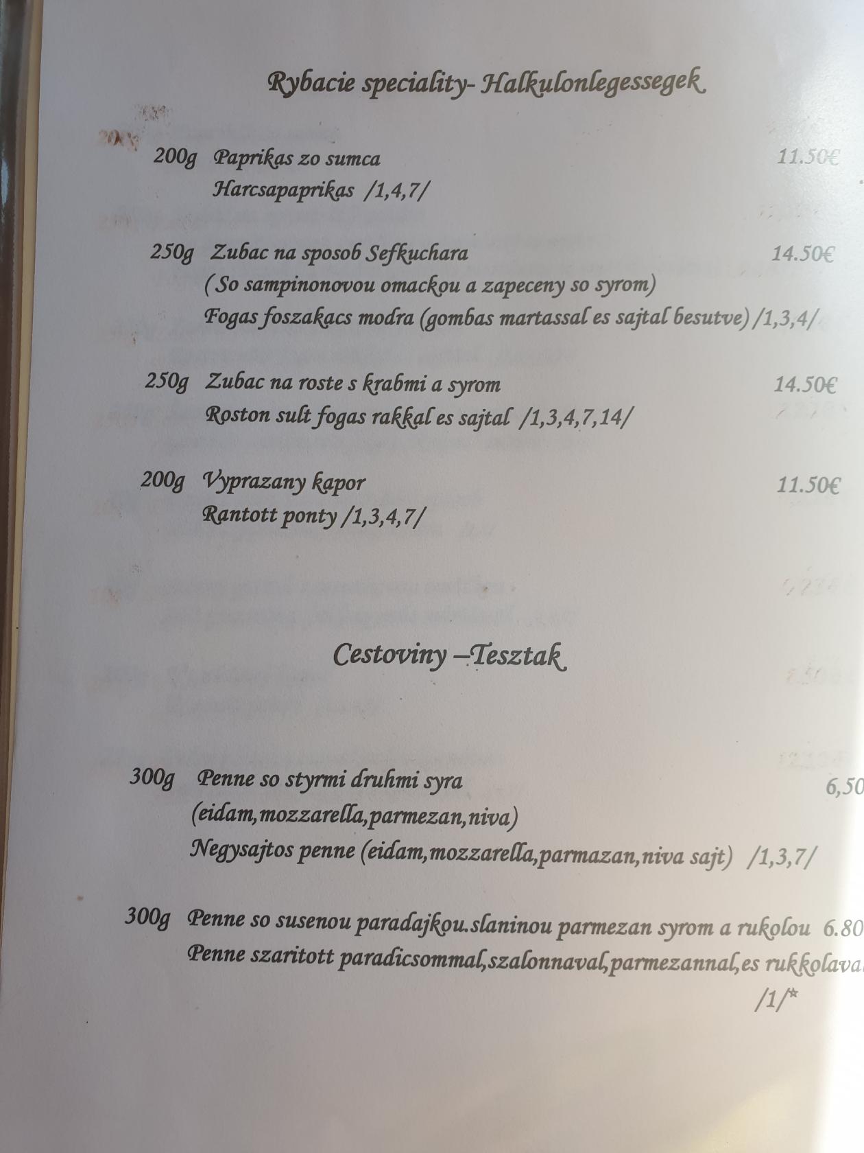 Menu at Zlatá Ryba restaurant, Zlatná na Ostrove