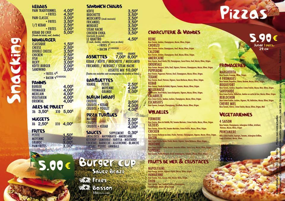 Menu au Kebab de Torcy fast food, Sedan
