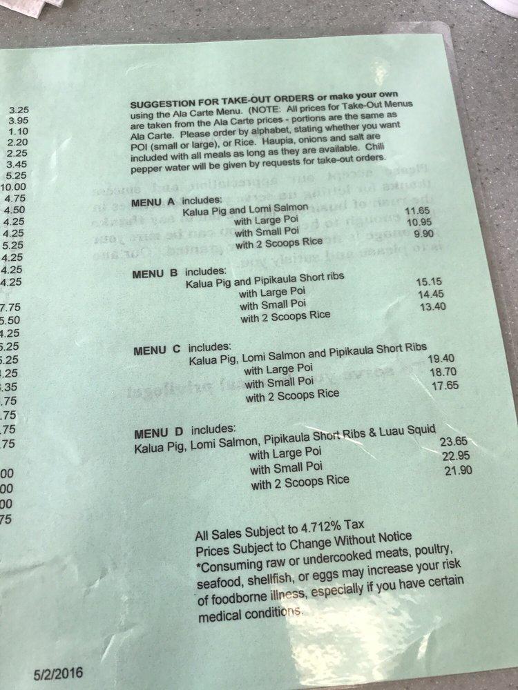 Menu at Helena's Hawaiian Food restaurant, Honolulu