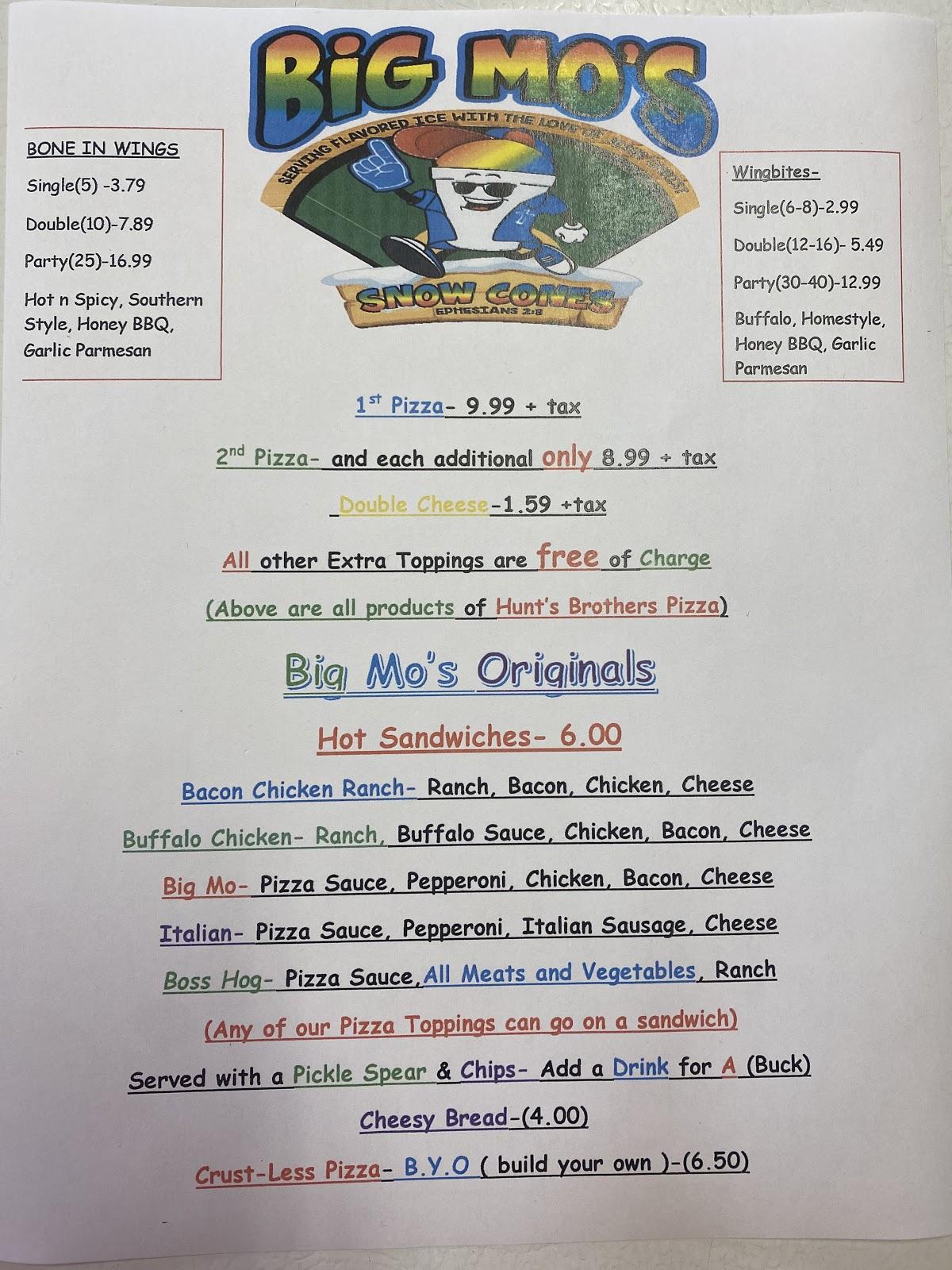 Menu at Big Mo's Snow Cones pizzeria, Redwater