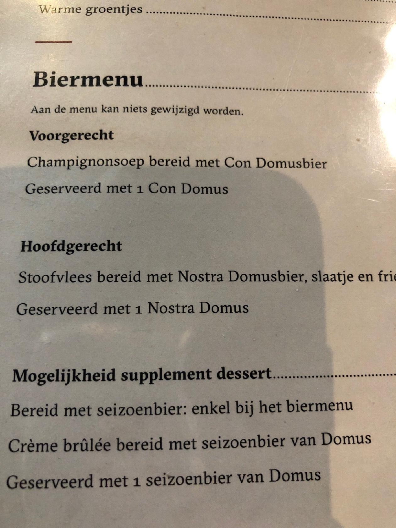 Menu at Domus, Leuven, Tiensestraat 8