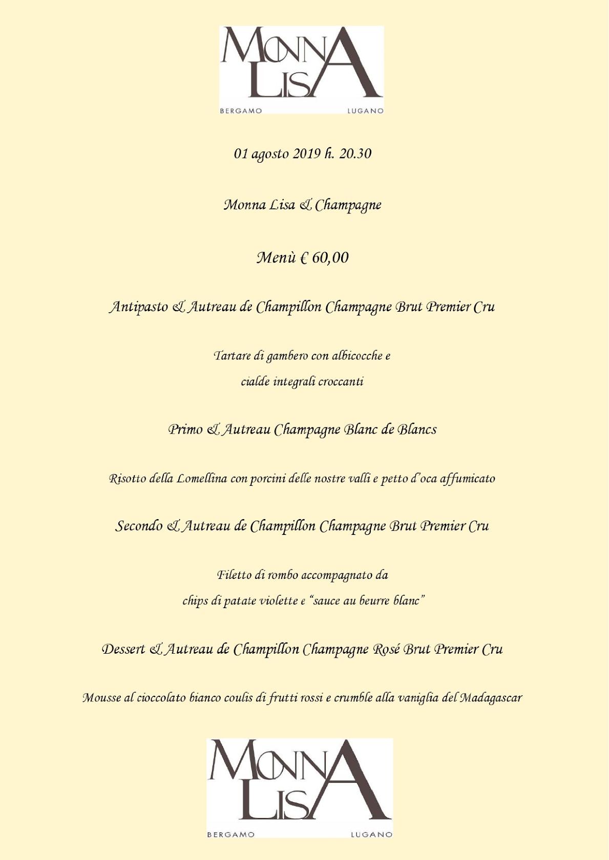 Menu da Monna Lisa ristorante, Bergamo