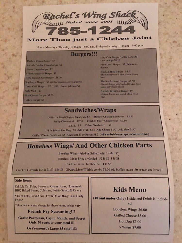 Menu at Rachel's wingshack restaurant, DeLand