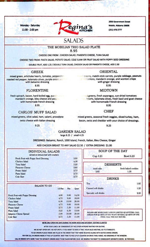 Menu at Regina's Kitchen LLC restaurant, Mobile, 15th St