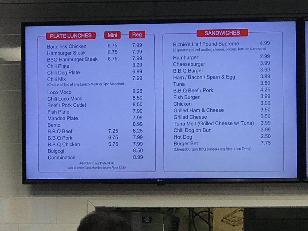 Menu at Richie's Drive Inn restaurant, Honolulu