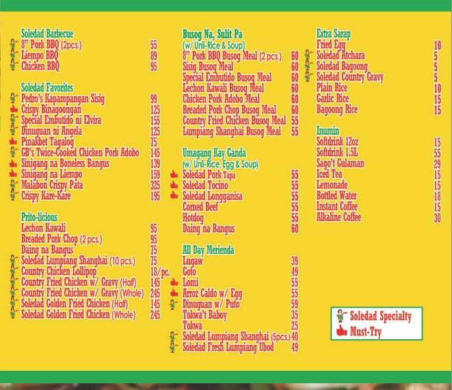Menu at Soledad Pancit Malabon restaurant, Quezon City