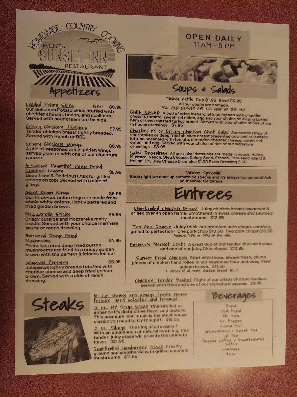 Menu at Sunset Inn Restaurant, Hebron