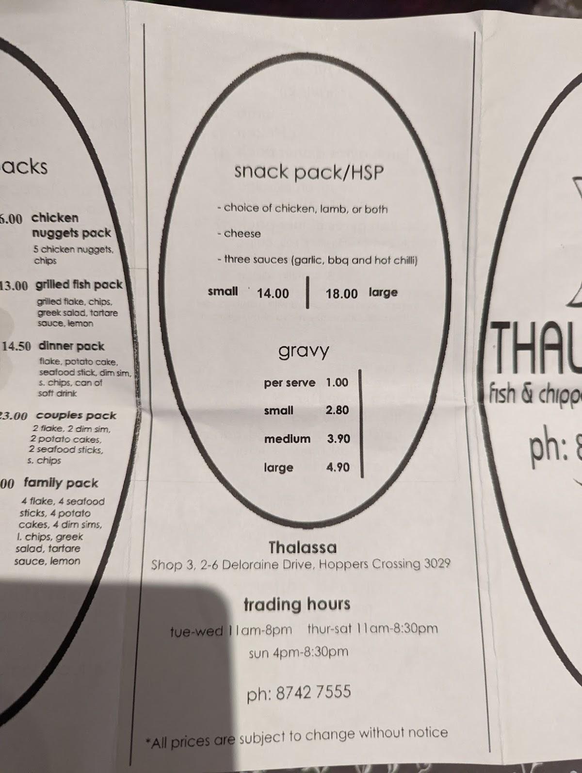 Menu at Thalassa Fish and Chippers restaurant, Hoppers Crossing