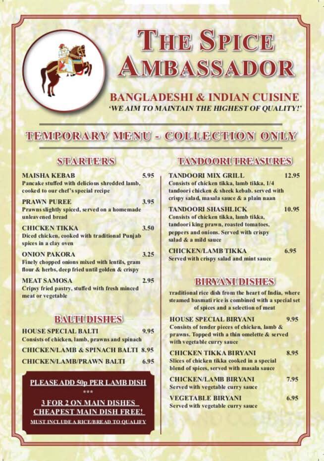 Menu at The Spice Ambassador restaurant, Cardiff