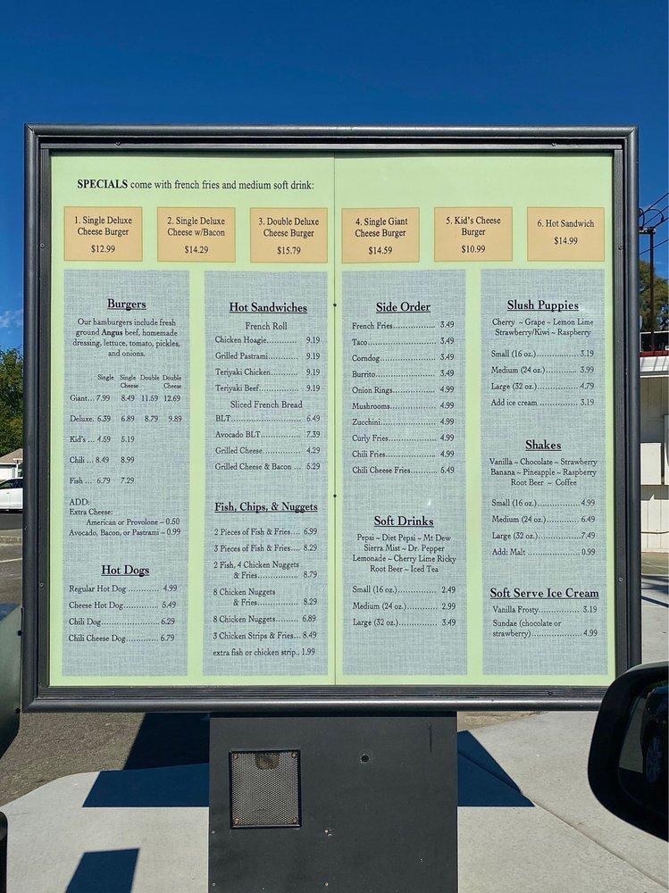 Menu at Village Drive-In fast food, Sacramento