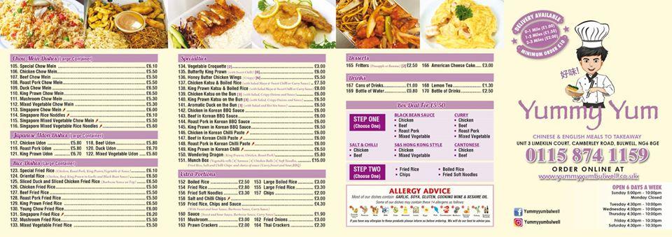 Menu at Yummy Yum restaurant, Nottingham