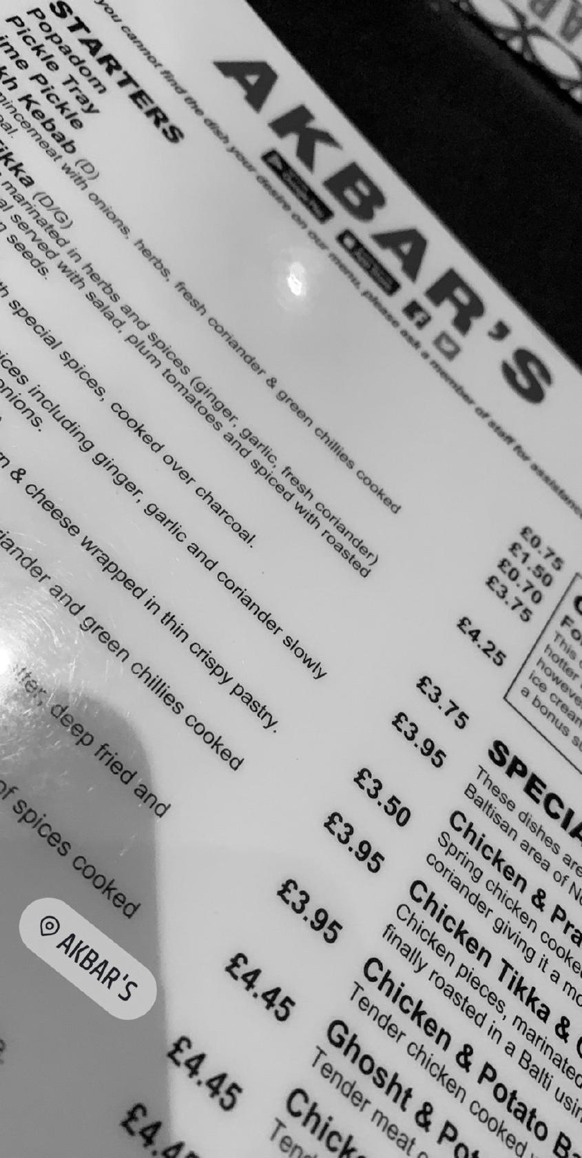 Menu at Akbar's Restaurant, Leeds, 15 Eastgate