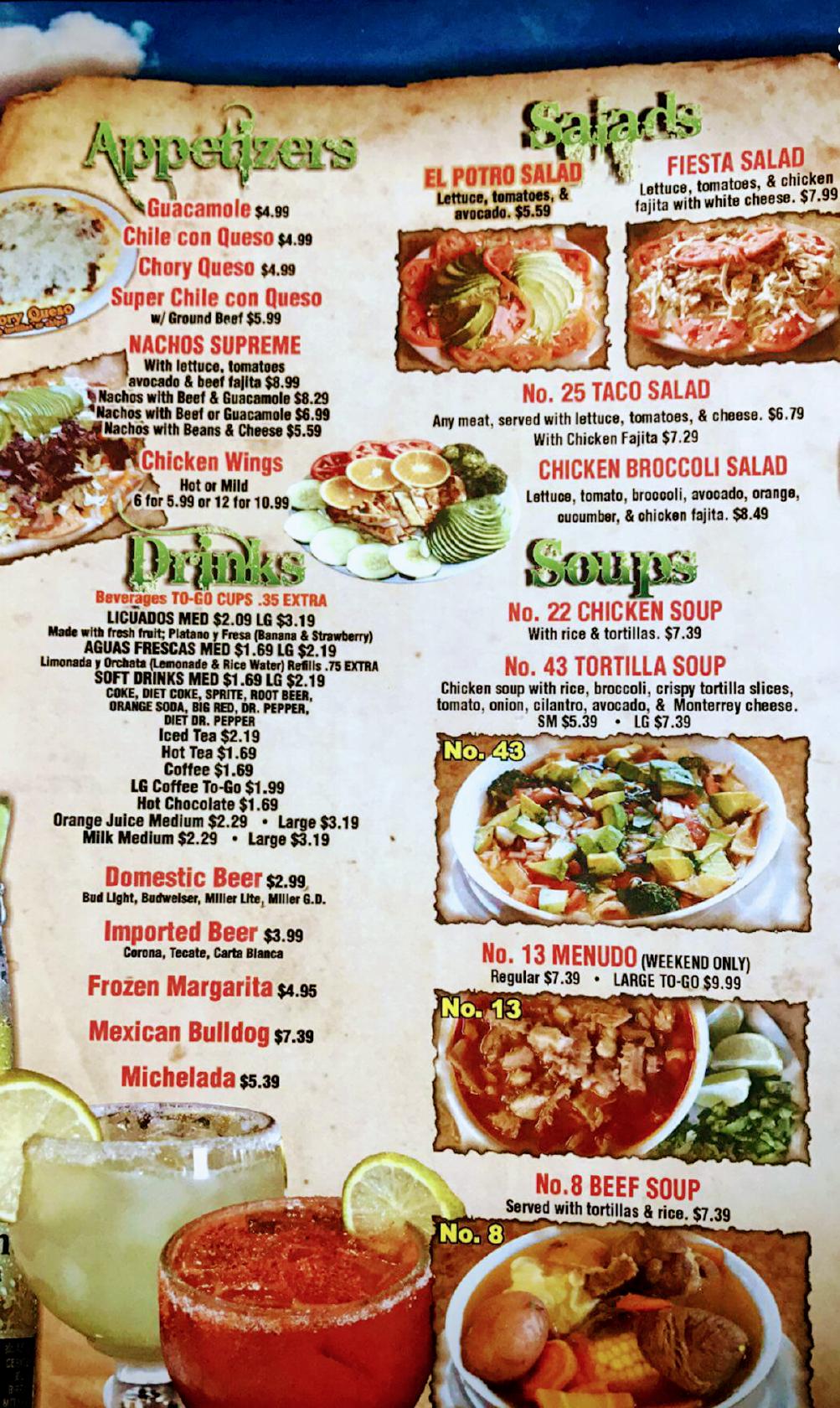 Menu at El potro mexican restaurant #2, Corpus Christi, Weber Rd