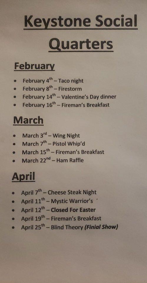 Menu at Keystone Fire Company Social Quarters club, Rehrersburg