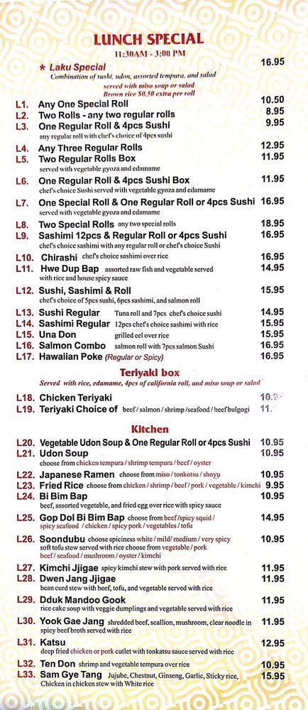Menu at Laku Sushi restaurant, Morristown