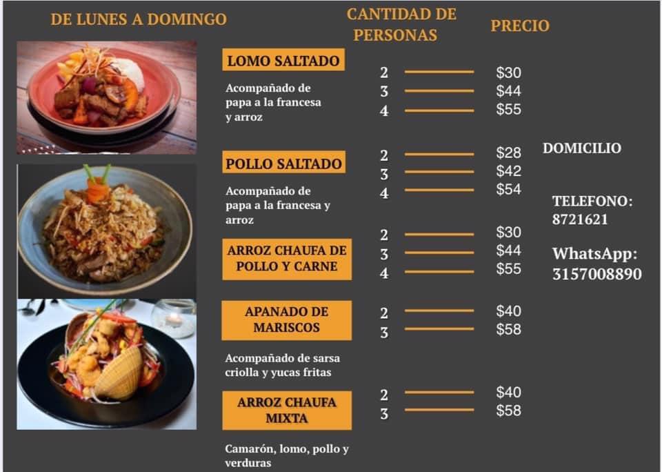 Menu at Machupikchu Perù Gourmet restaurant, Neiva