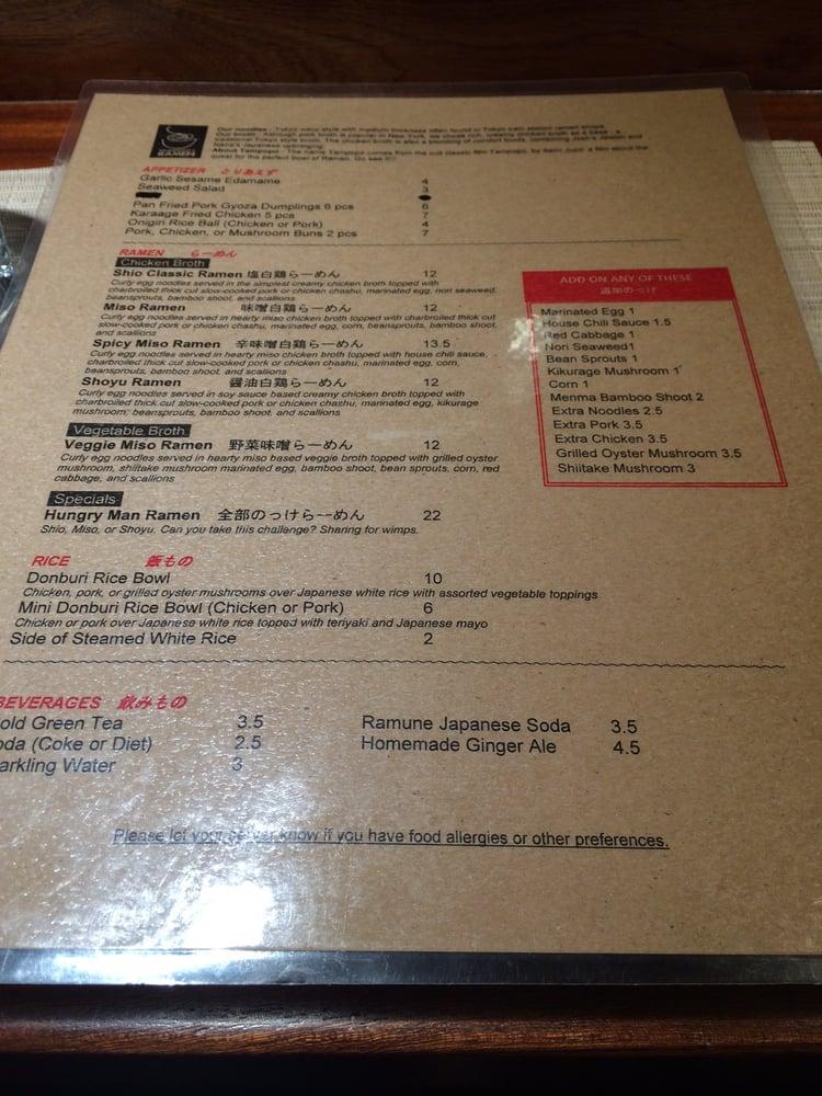 Menu at Tampopo Ramen restaurant, New York City