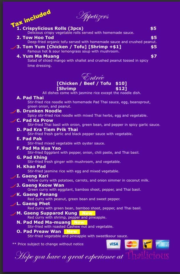 Menu at Thailicious restaurant, Ottawa