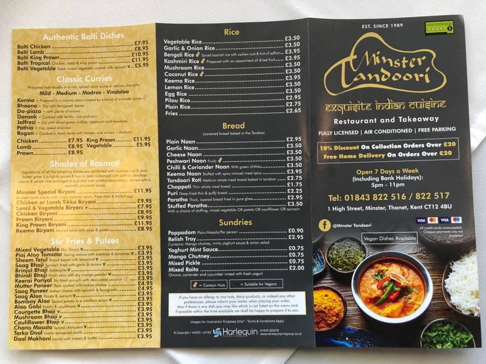 Menu at The Minster Tandoori restaurant, Margate, 1 High St