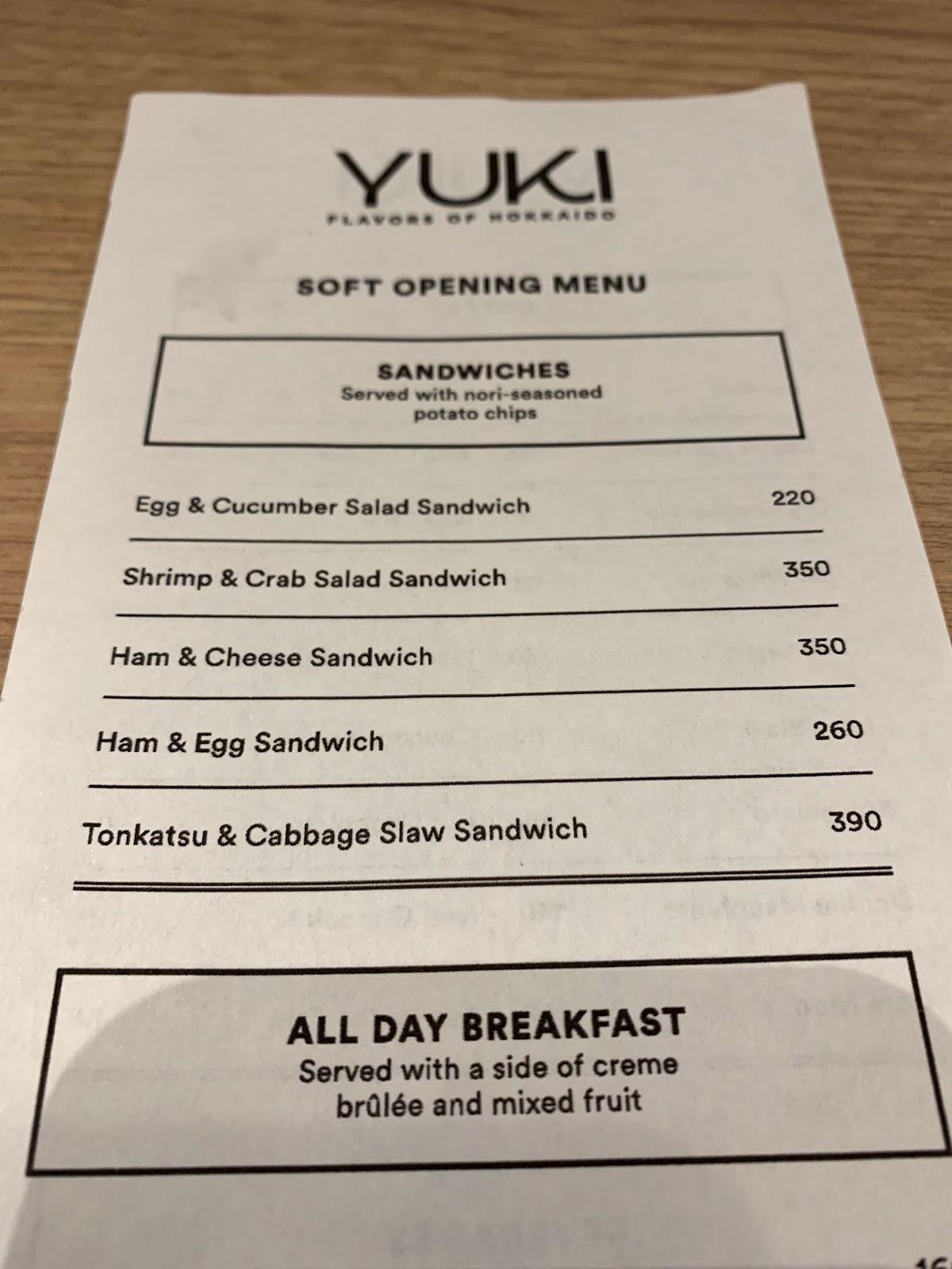 Menu at YUKI restaurant, Makati