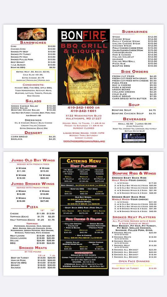 Menu at Bonfire Outdoor Charcoal Grill BBQ, Halethorpe
