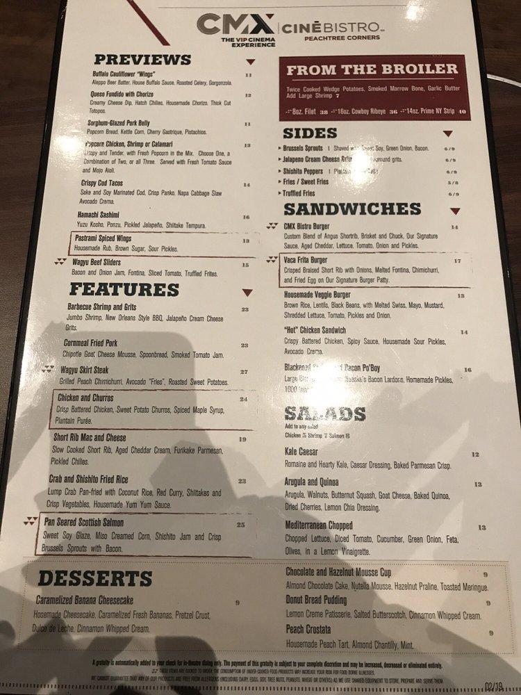 Menu at CMX CinéBistro Peachtree Corners restaurant, Peachtree Corners ...