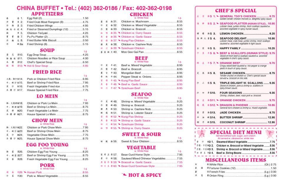 Menu at China Buffet restaurant, York