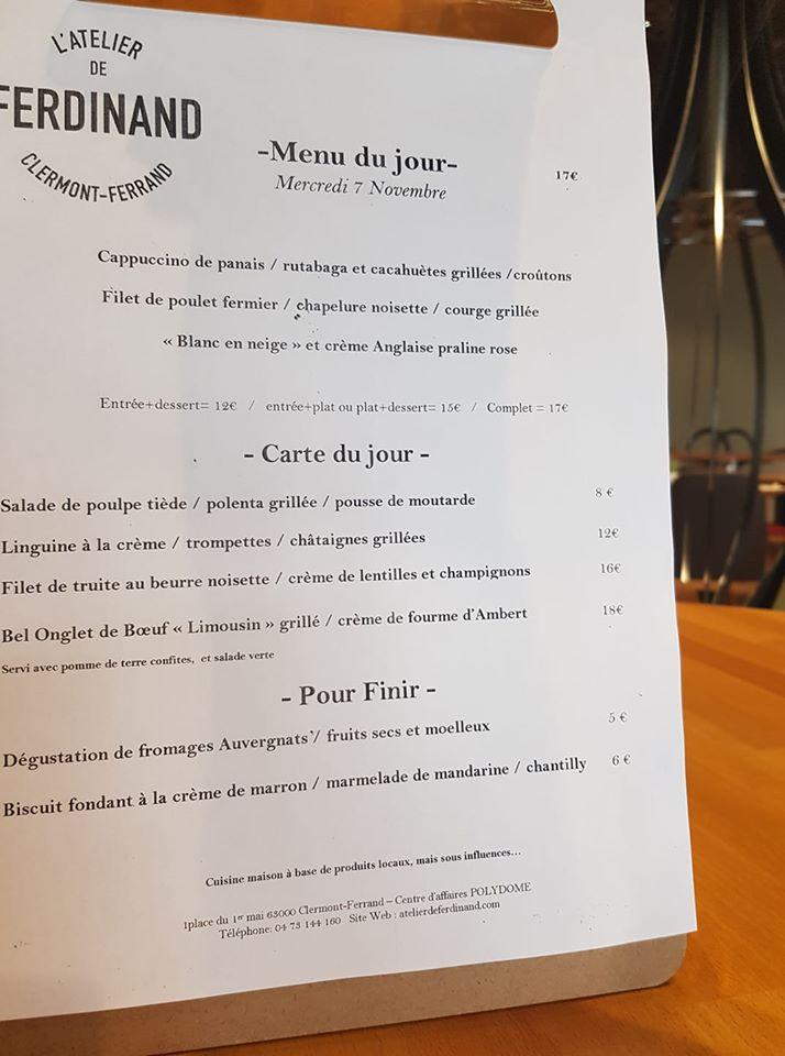 Menu at L'Atelier de Ferdinand restaurant, Clermont-Ferrand