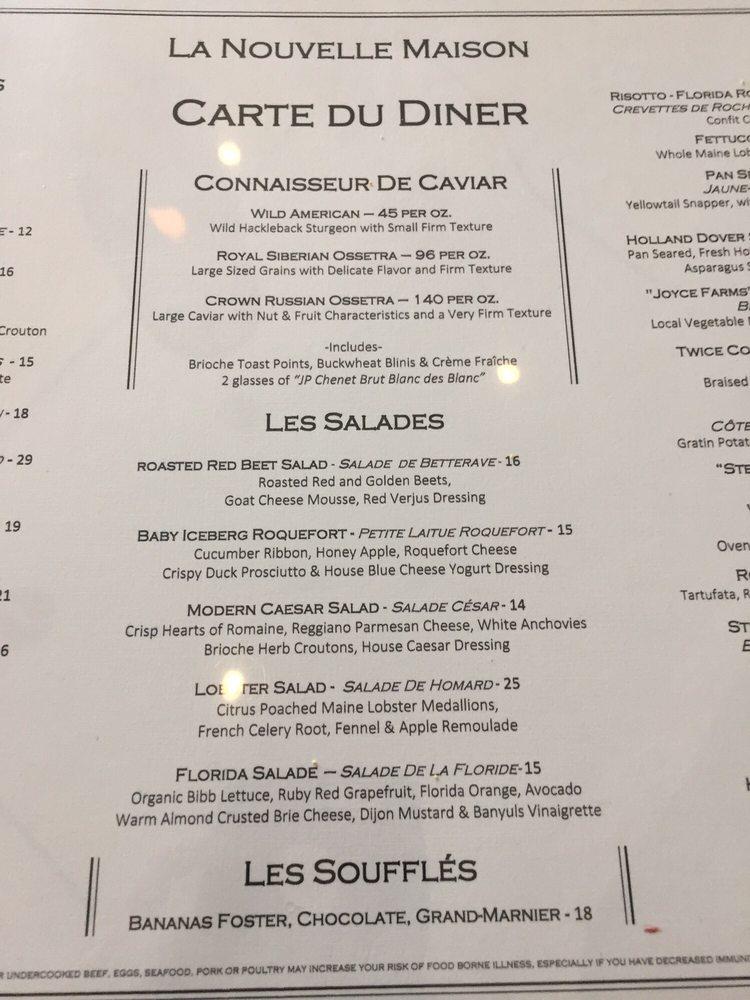 Menu at La Nouvelle Maison restaurant, Boca Raton