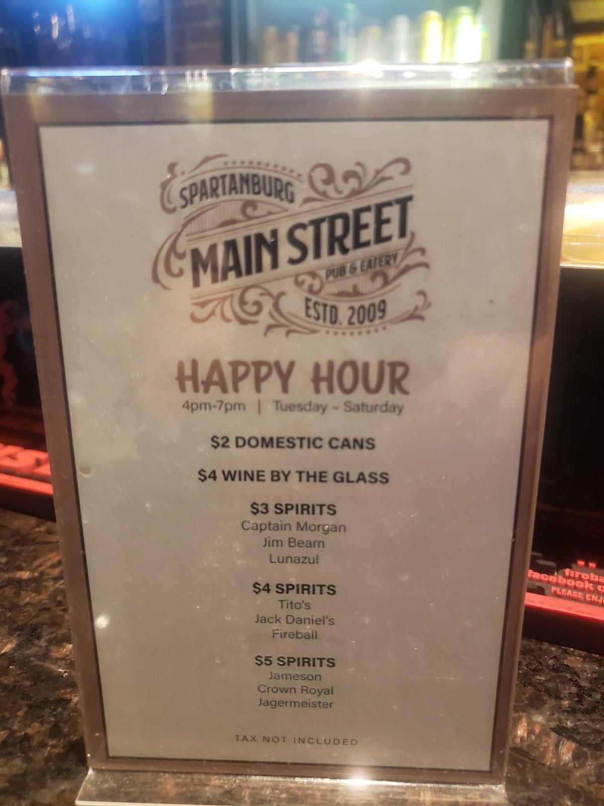 Menu at Main Street Pub, Spartanburg, 252 W Main St