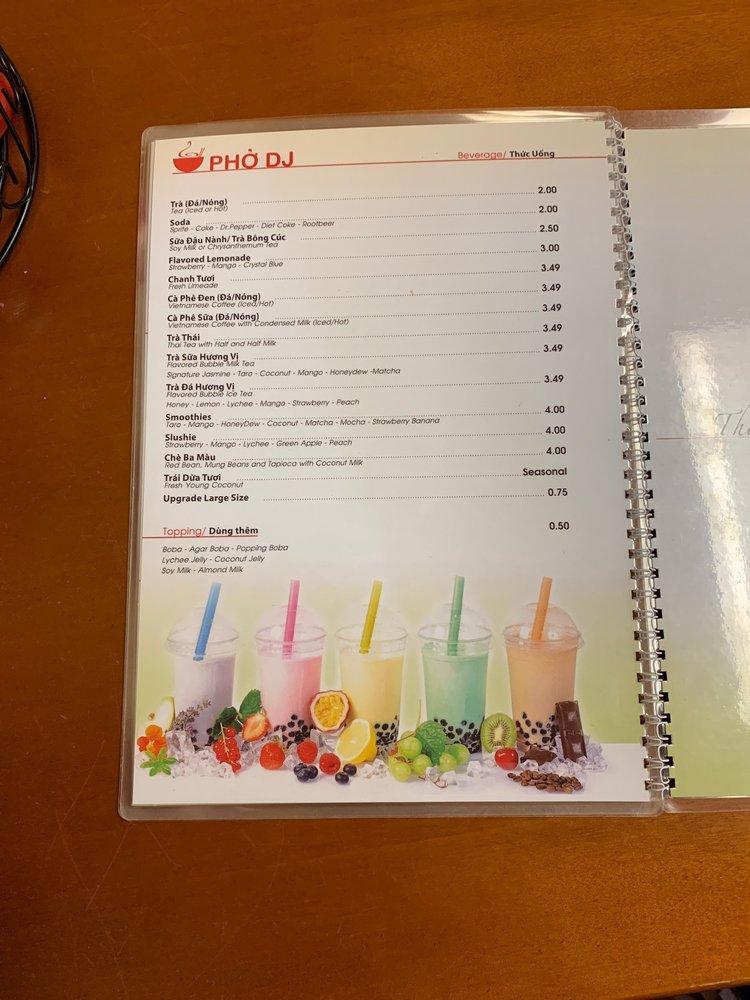 Menu at Pho DJ restaurant, Riverside