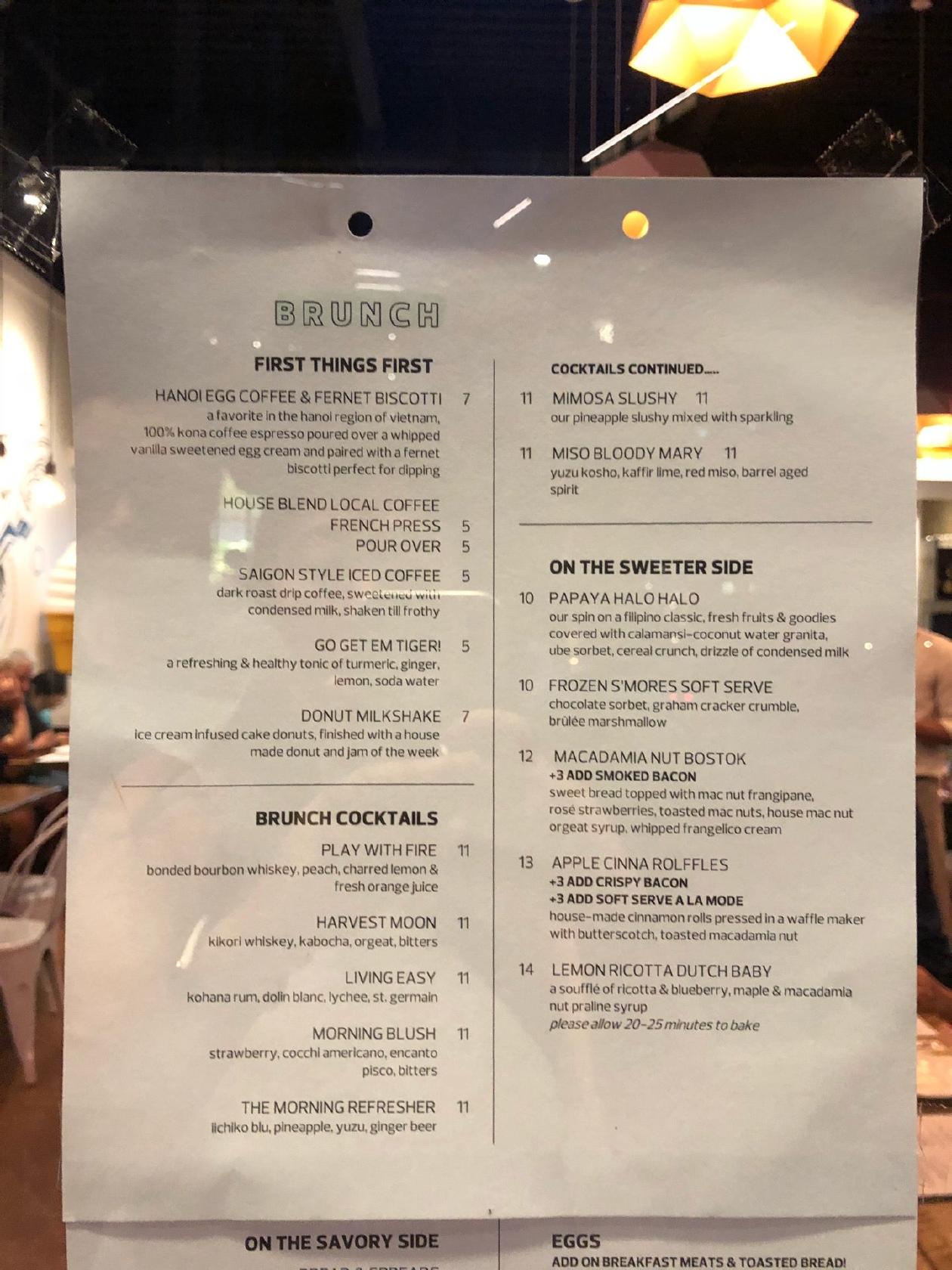 Menu at Piggy Smalls restaurant, Honolulu