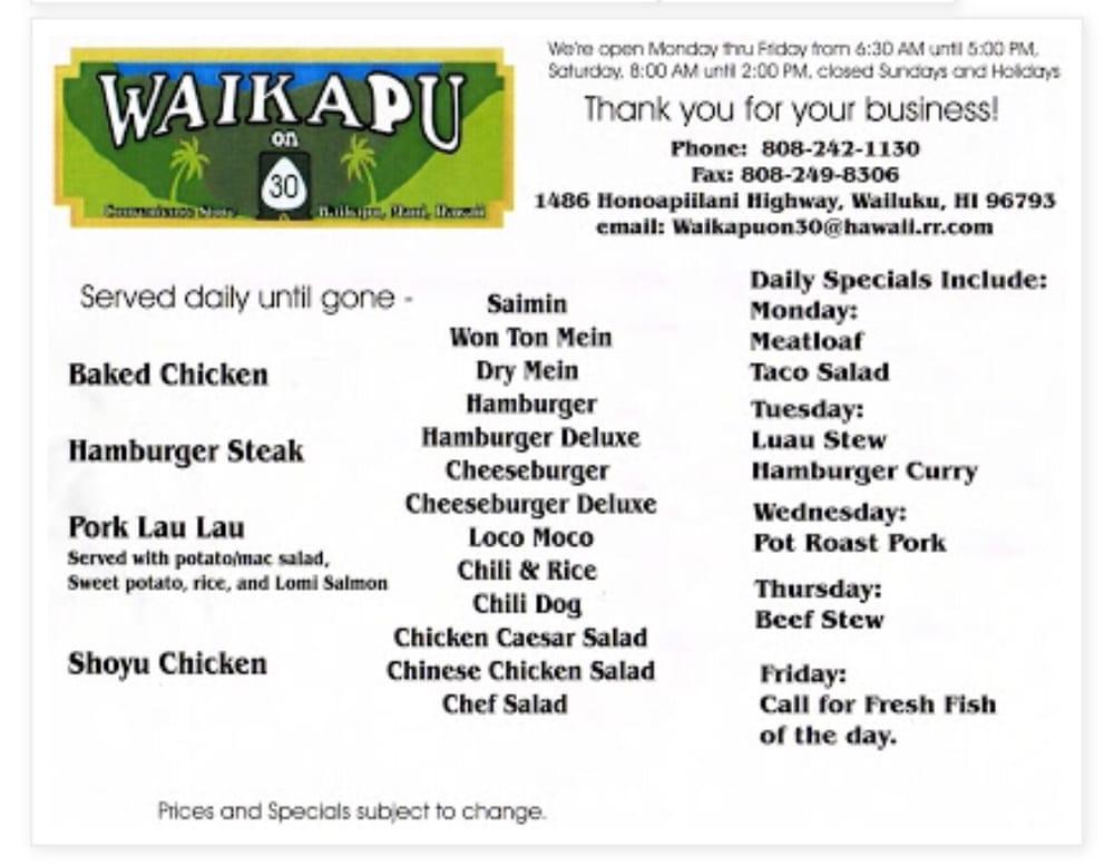 Menu at Waikapu On 30 restaurant, Wailuku