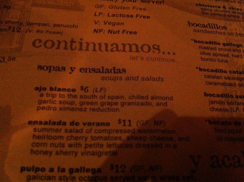 Menu at Cúrate pub & bar, Asheville